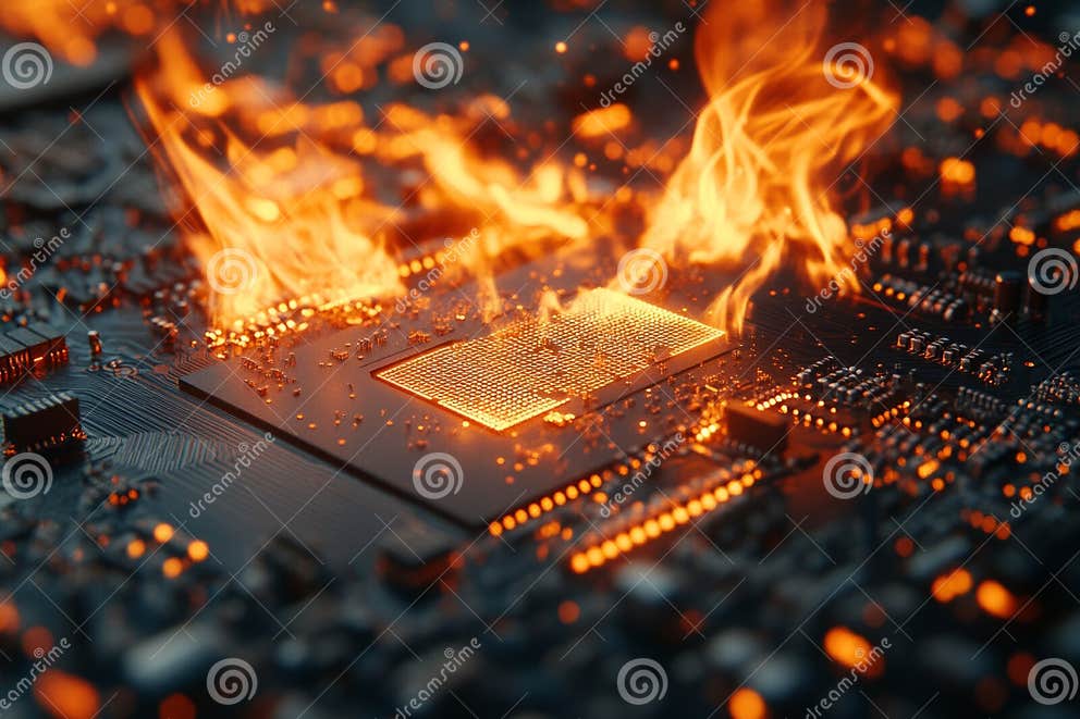 Computer Processor Catching Fire on Circuit Board Stock Photo - Image ...