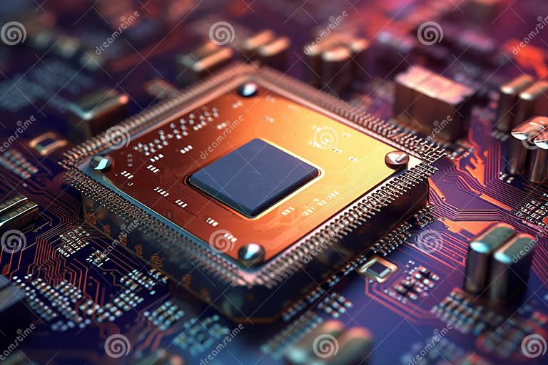 Computer Processor Central Processing Unit with Motherboard Background and Integrated Microchip ...