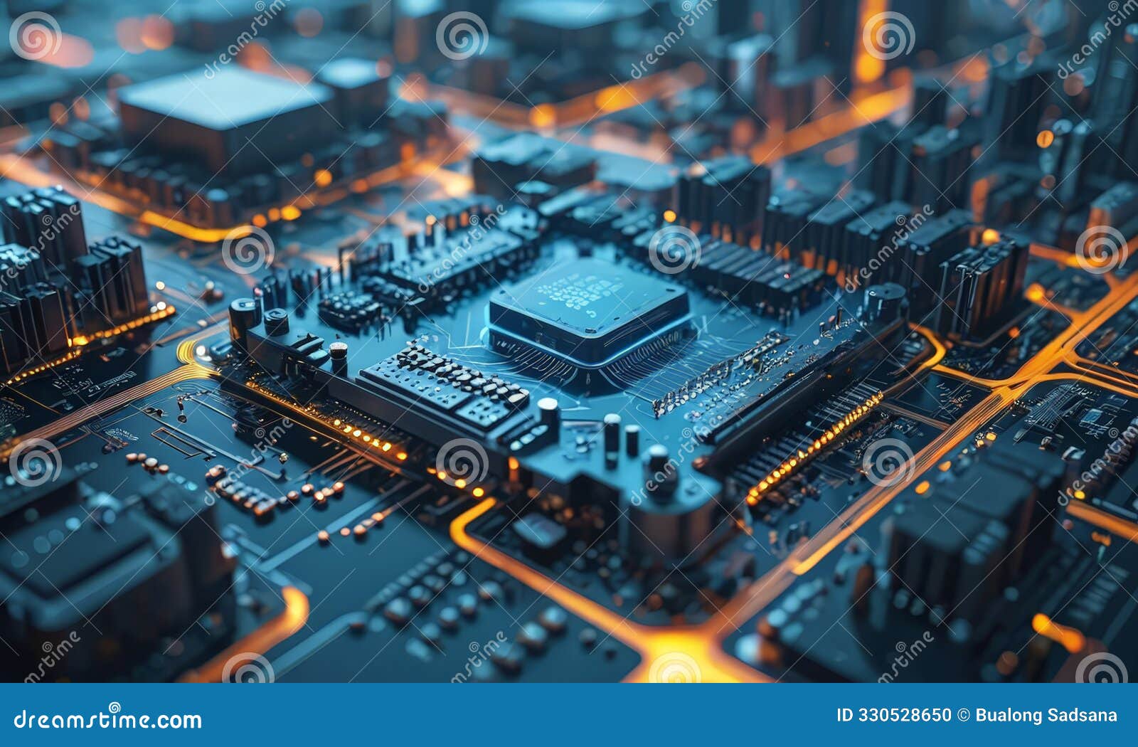 Computer processor in city stock illustration. Illustration of board ...