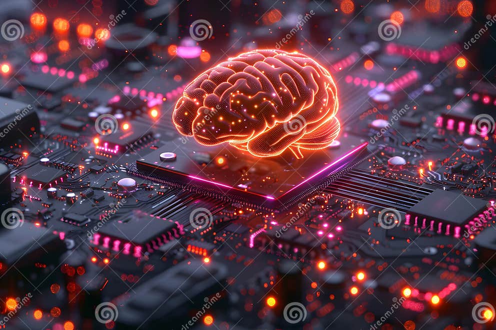 Glowing Brain on Computer Processor Generative AI Stock Illustration ...