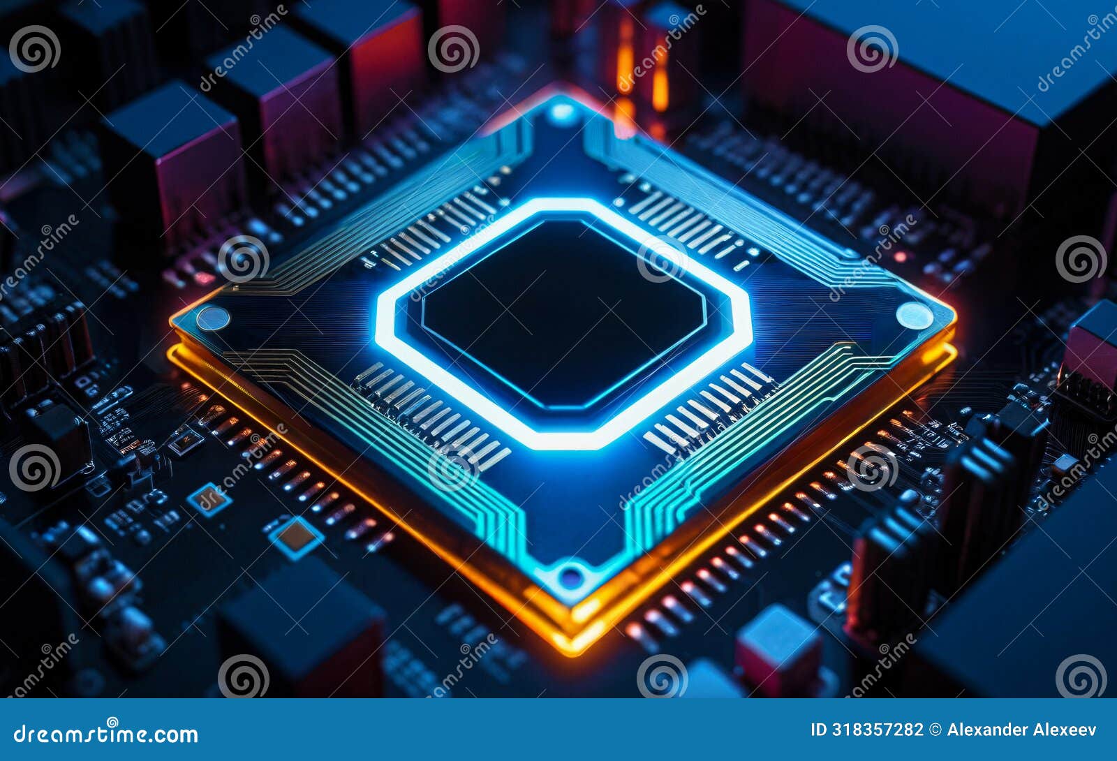 Computer Processor on Motherboard Close-up, Neon Glow Stock ...