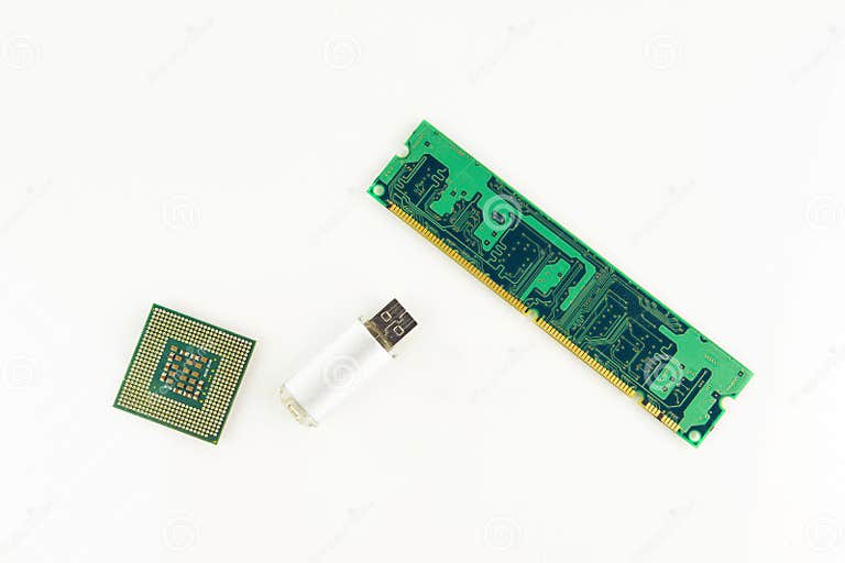 Computer Processor, RAM Chip and Portable Memory Stick Stock Photo ...