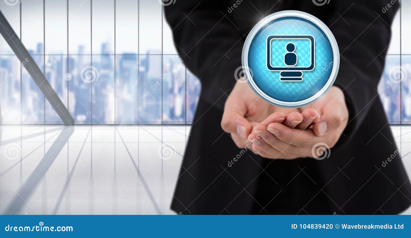 Computer Profile Icon and Businessman with Hands Palm Open in City ...