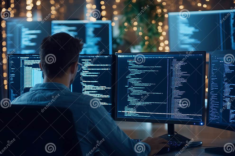 Computer Programmer Coding in a Modern Office, Surrounded by Multiple Screens Displaying Code ...