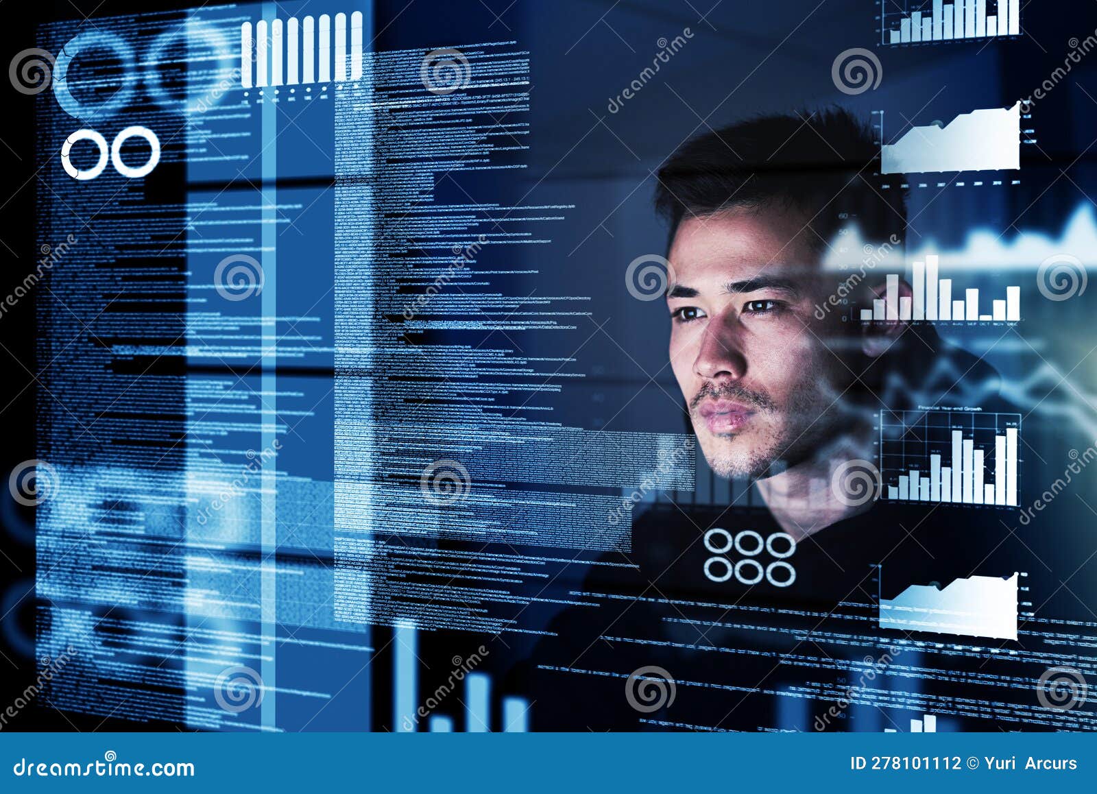 Computer, Programmer and Man with Focus, Hologram and Night with Cyber ...