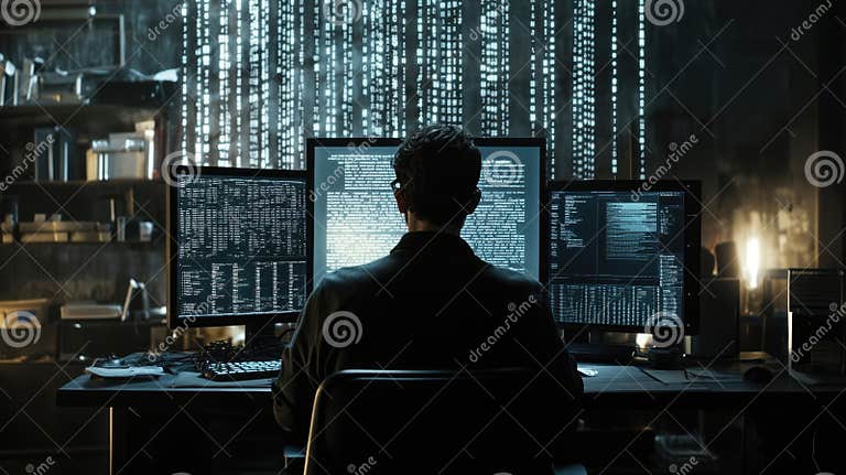 Computer Programmer Working on Computers with Source Code and Matrix ...