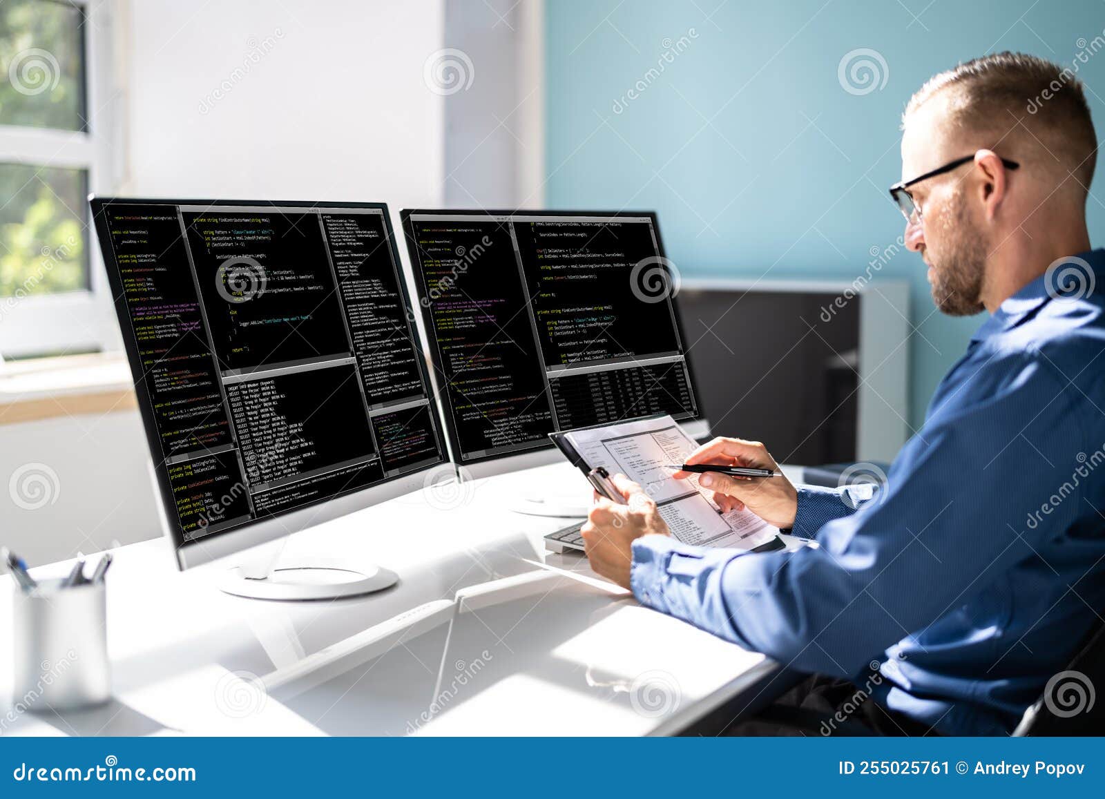 Computer Programmer Writing Program Code On Computer Stock Image Image Of Monitor Coder