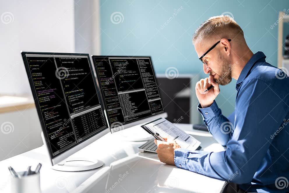 Computer Programmer Writing Program Code on Computer Stock Photo - Image of writing, male: 255560310