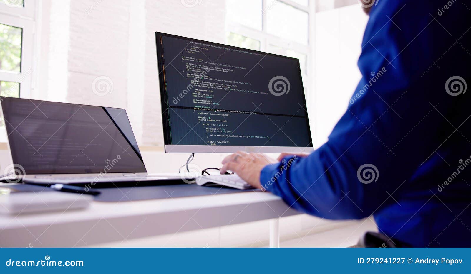 Computer Programmer Writing Program Code On Computer Stock Image Image Of Portrait Back