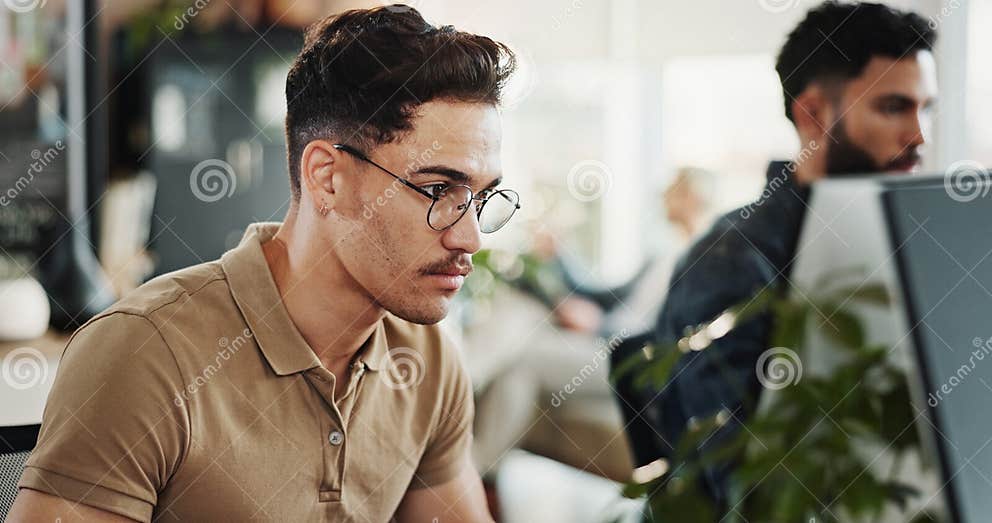 Computer, Programming and Web Design with Man in Creative Workplace for Coding or Development ...