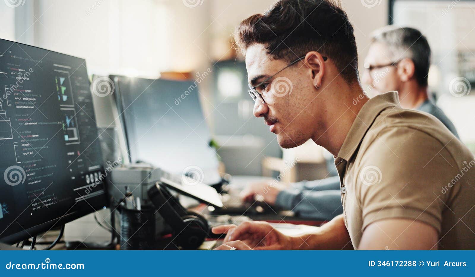 Computer Programming And Web Development With Coder Man In Creative Workplace For Design