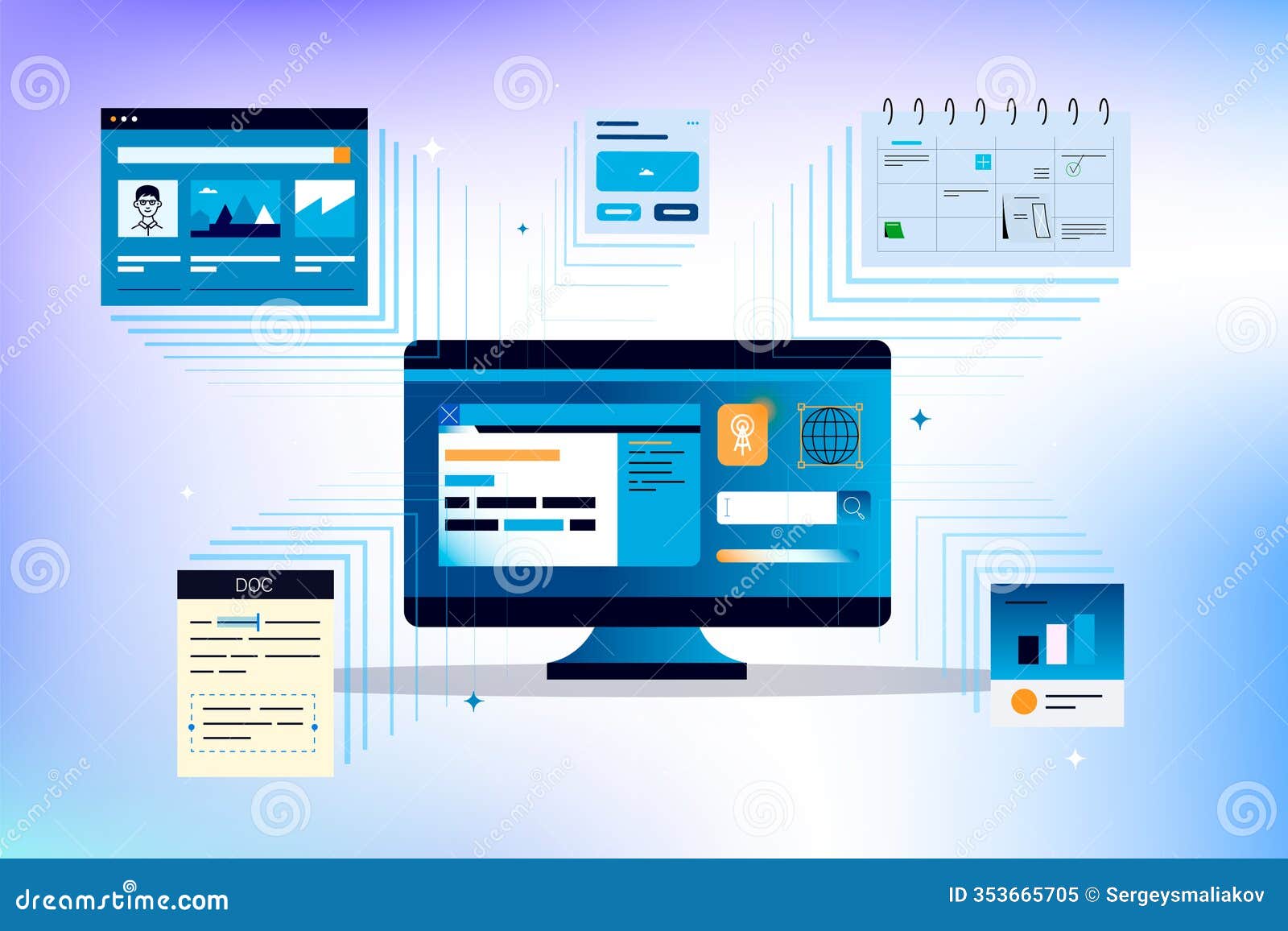 Computer in progress. stock illustration. Illustration of flat - 353665705
