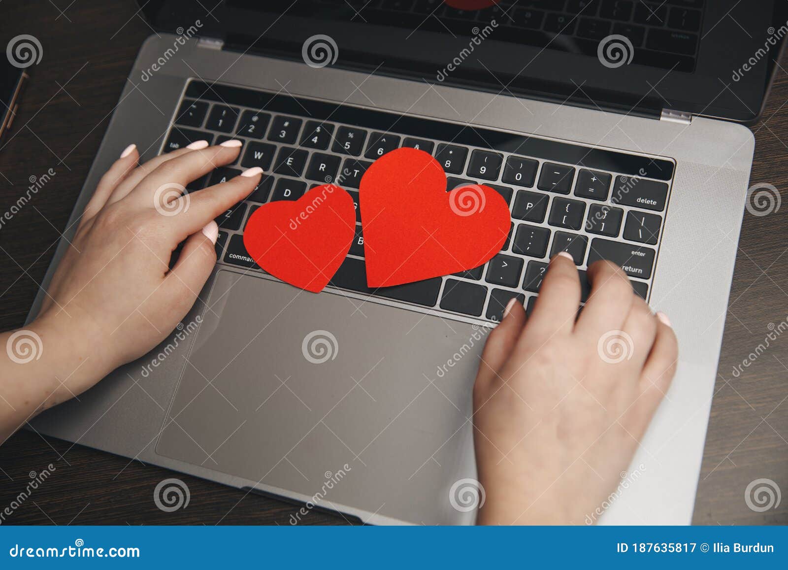 Computer with Red Hearts on Table Close Up Stock Image - Image of ...
