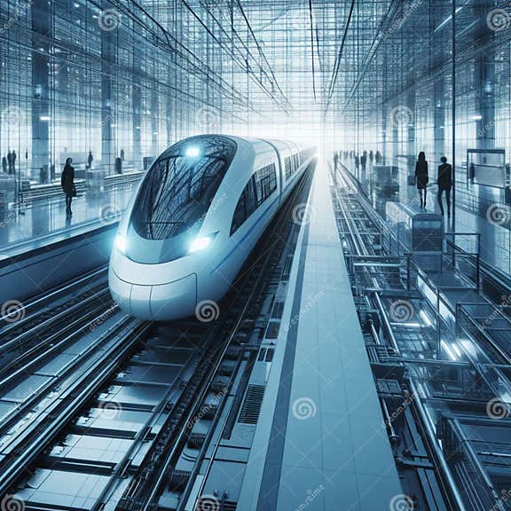 A Computer-rendered Image of a Modern Train at a High-tech Station Stock Illustration ...