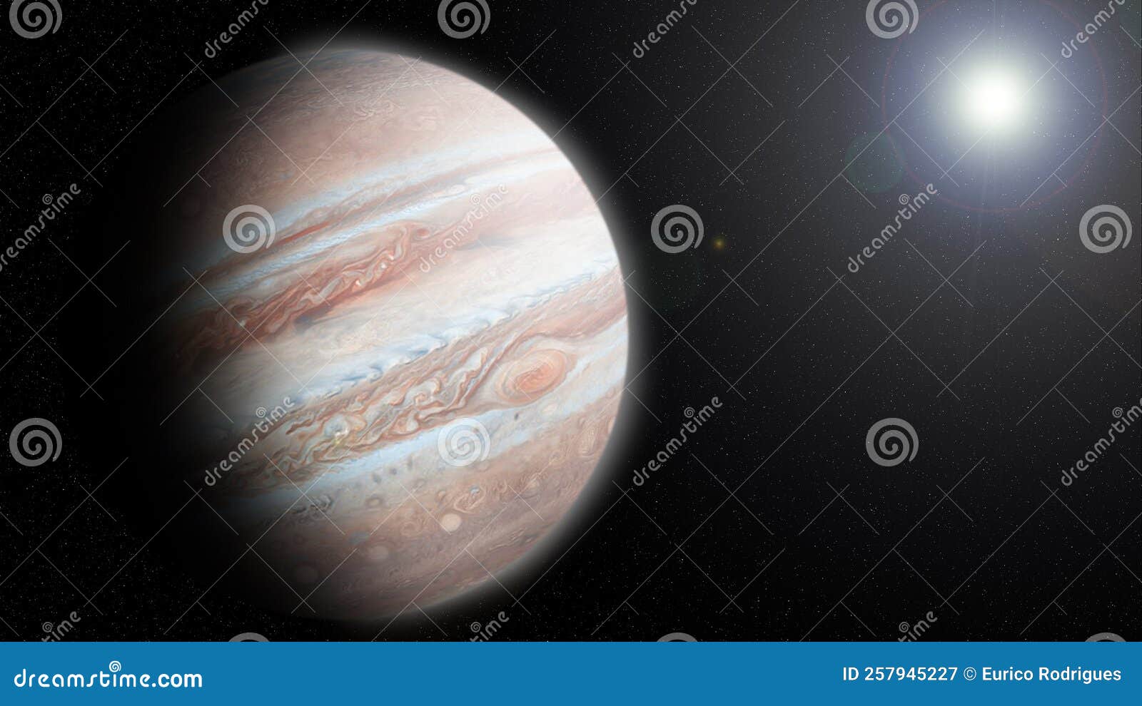 Computer Rendition of Planet Jupiter with Sun in the Distance Stock ...