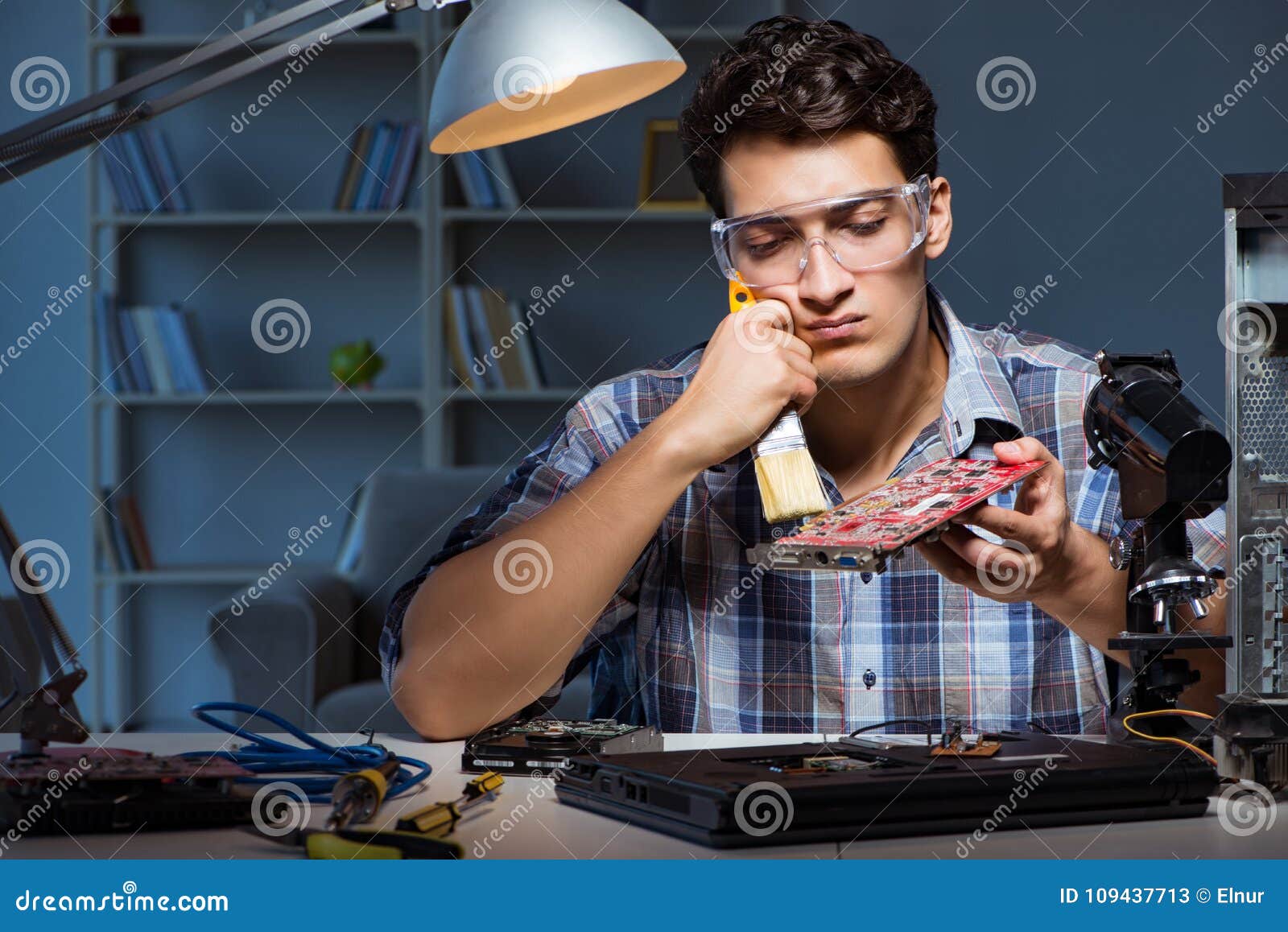 The Computer Repair Man Cleaning Dust with Brush Stock Image - Image of ...