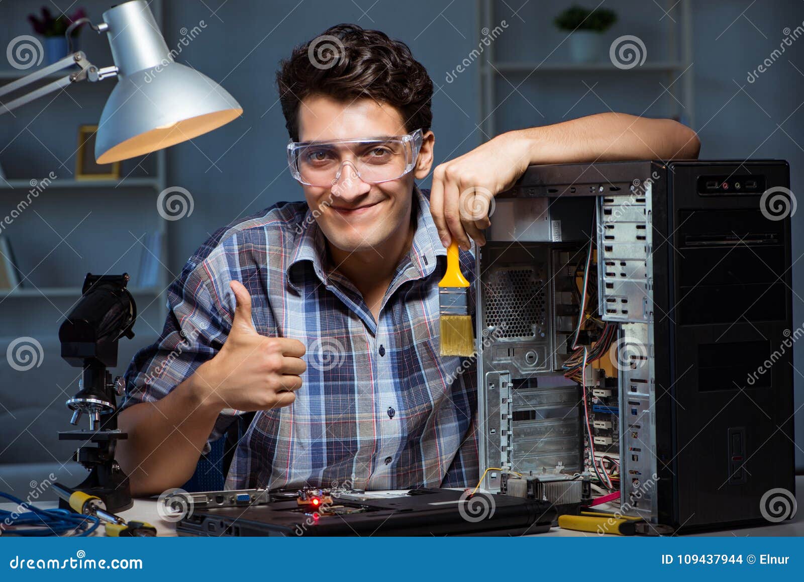 The Computer Repair Man Cleaning Dust with Brush Stock Photo - Image of ...