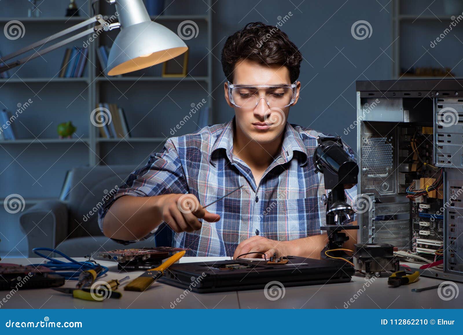 The Computer Repair Man Cleaning Dust with Brush Stock Photo - Image of ...