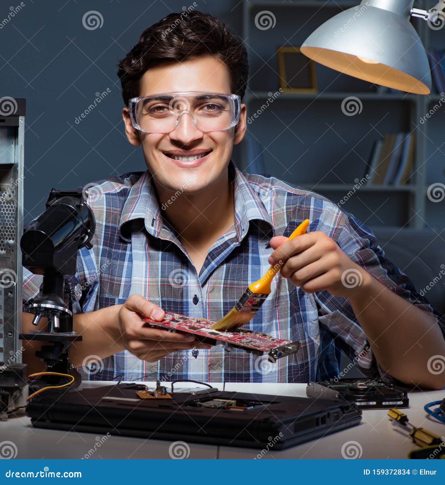 Computer Repair Man Cleaning Dust With Brush Stock Photo - Image of ...