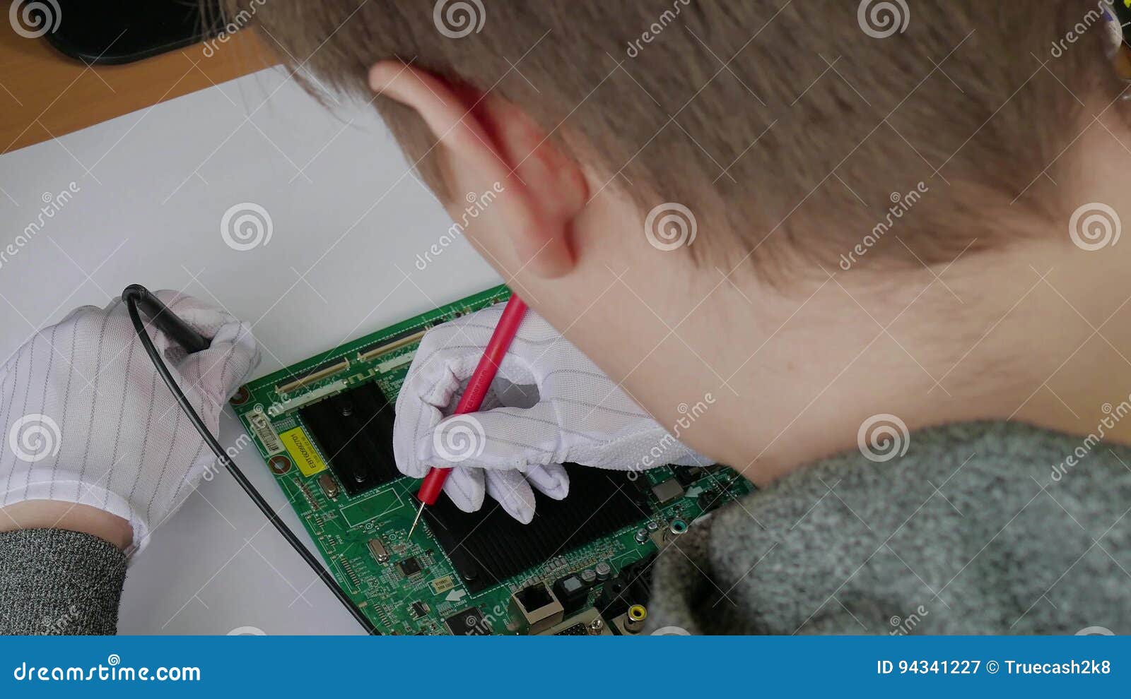 Computer Repair Service, Hands of Man Tech Testing Motherboard with ...