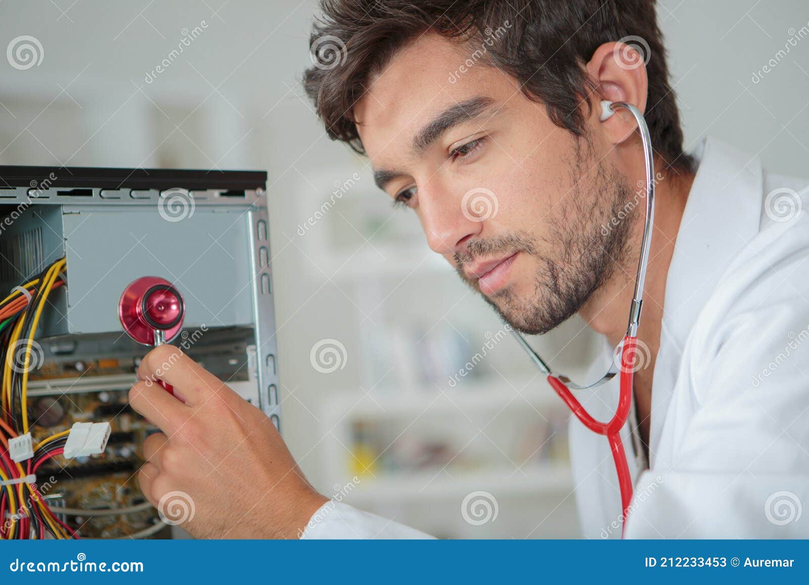 Computer Repairman Using Stethoscope Stock Image - Image of care ...