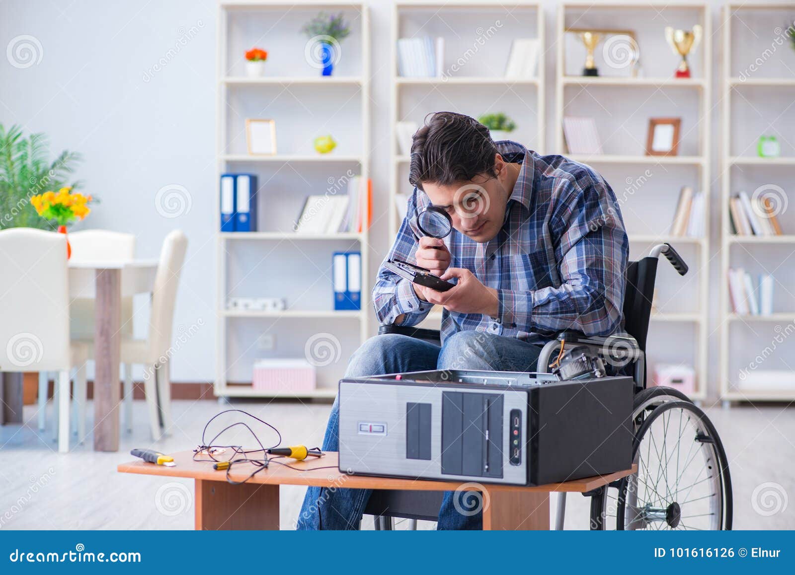 The Computer Repairman on Wheelchair Working Stock Photo - Image of ...