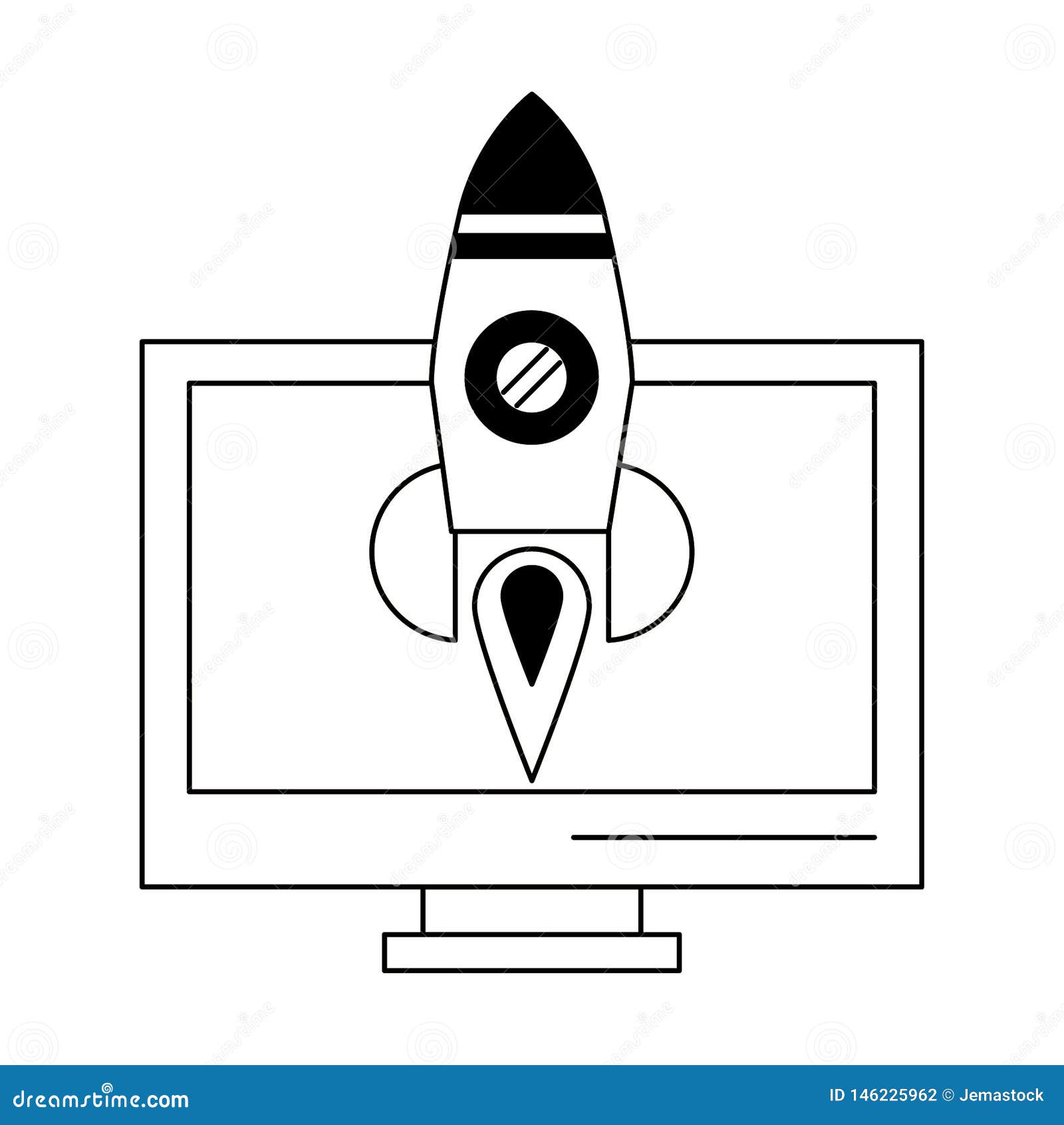 Computer and Rocket in Black and White Stock Vector - Illustration of ...