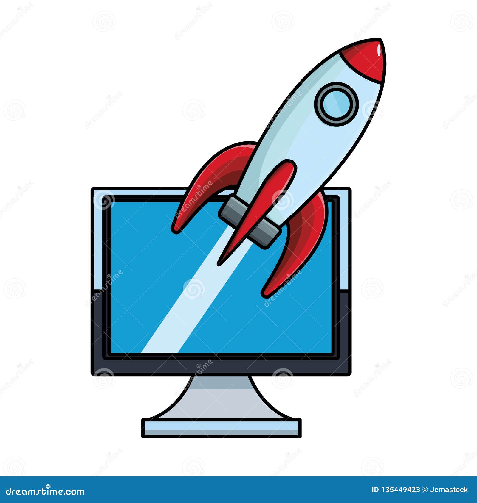 Computer with rocket stock vector. Illustration of sign - 135449423