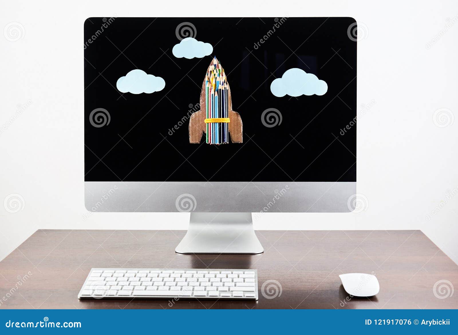 Computer with Rocket on Screen Stock Photo - Image of object, glass ...