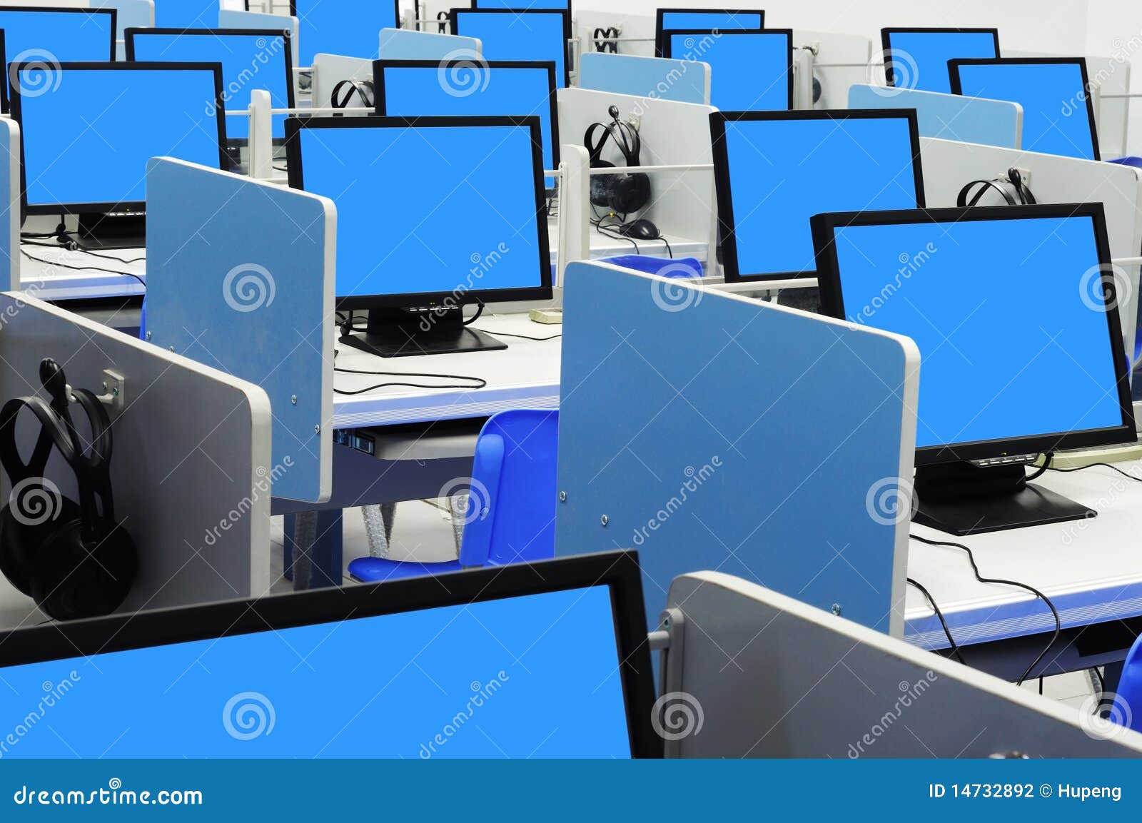 Computer room blue screen stock photo. Image of desktops - 14732892