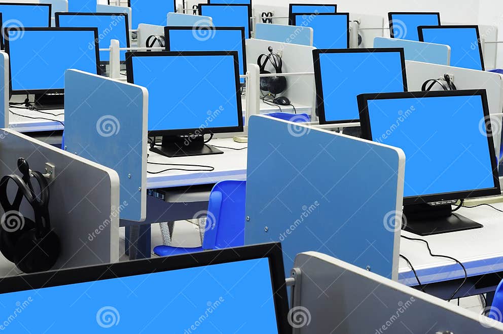 Computer room blue screen stock photo. Image of desktops - 14732892