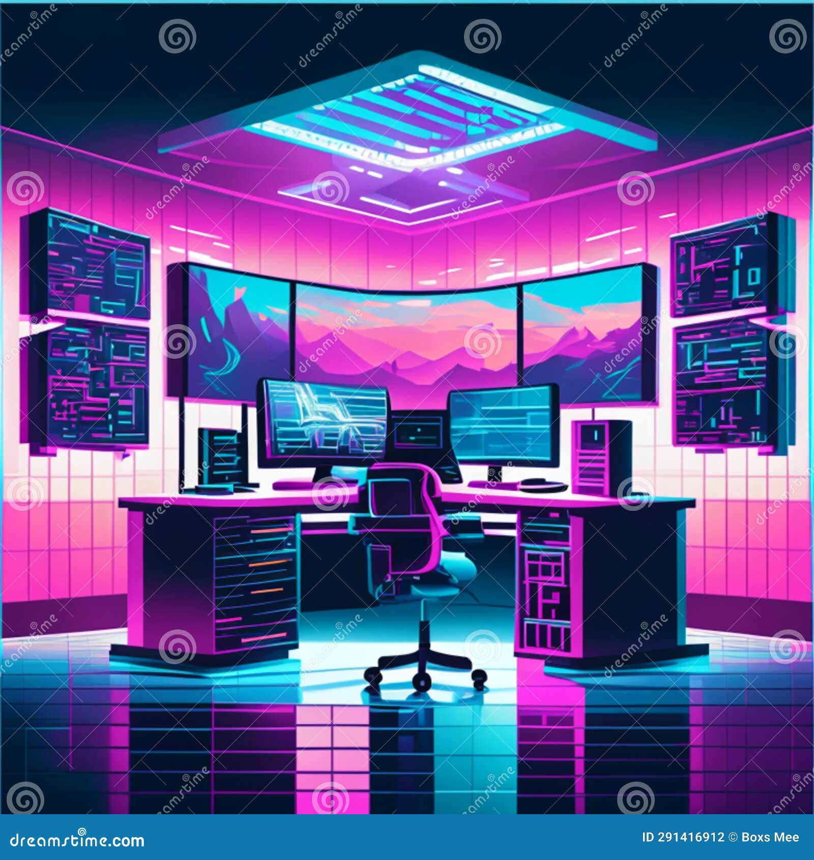 Computer Room with Computer Monitors and Screens. Vector Illustration ...
