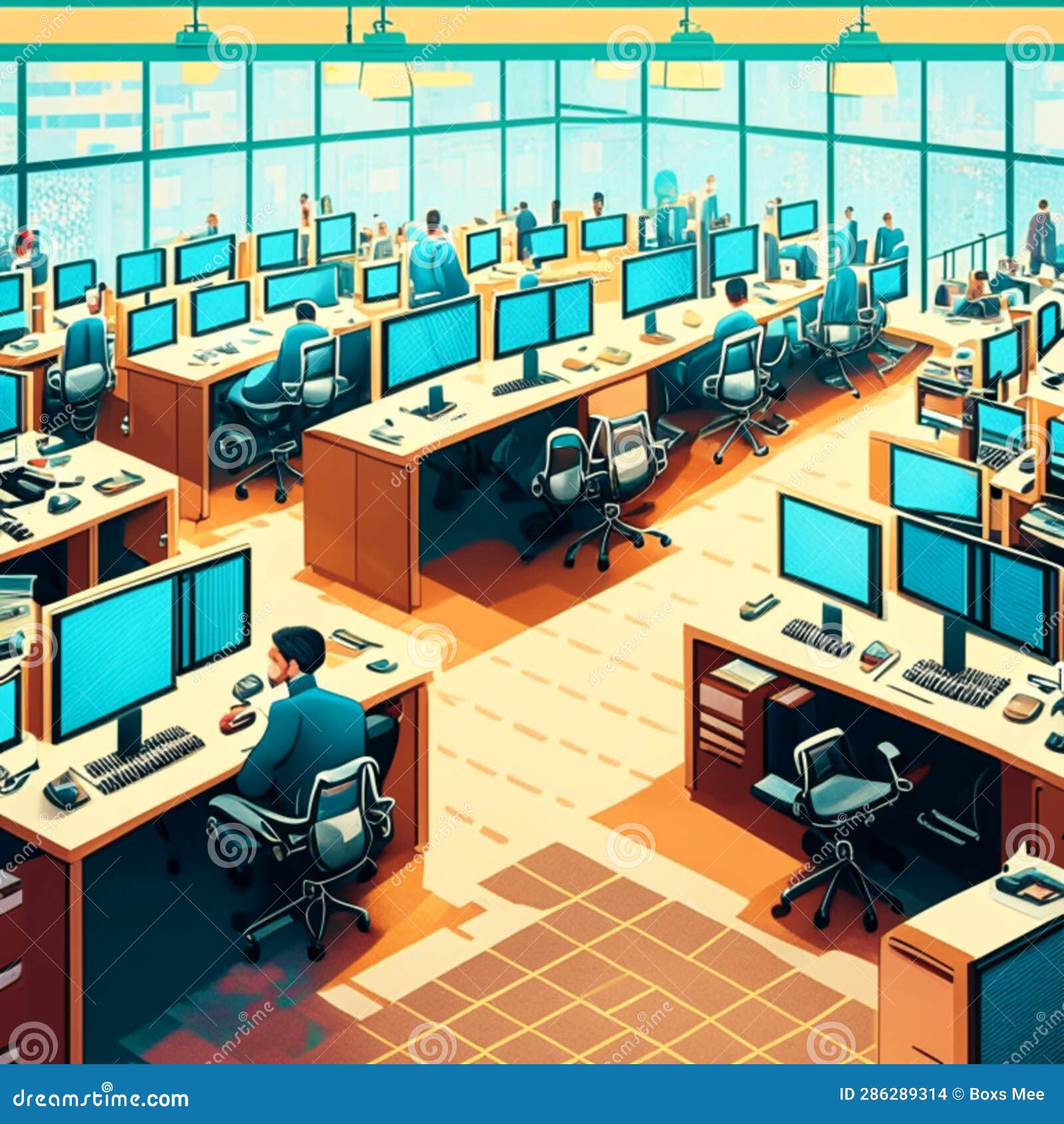Computer Room with Computers and Man Sitting in Front. 3d Illustration ...