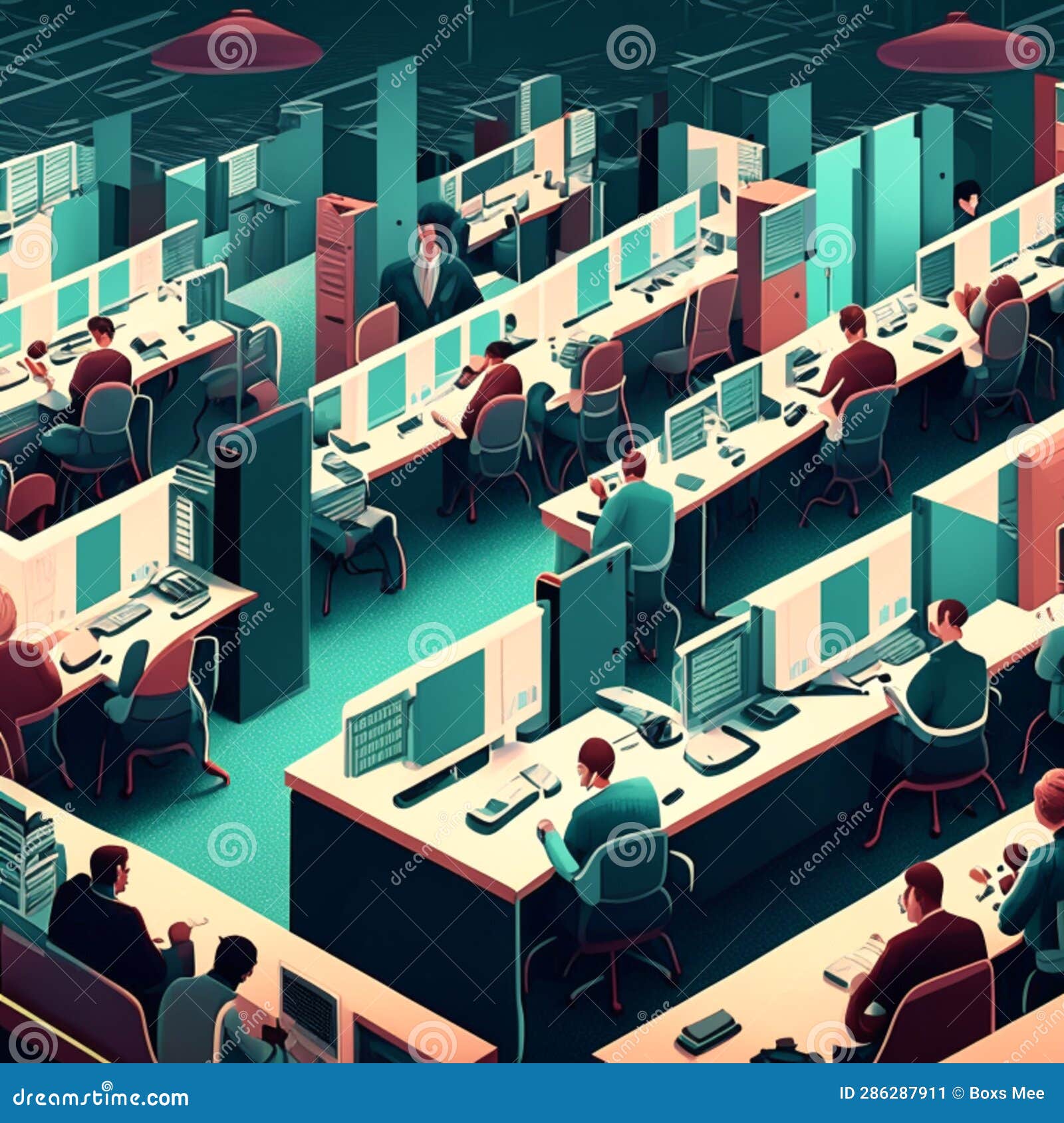 Computer Room with Computers and People, 3d Illustration, Horizontal ...