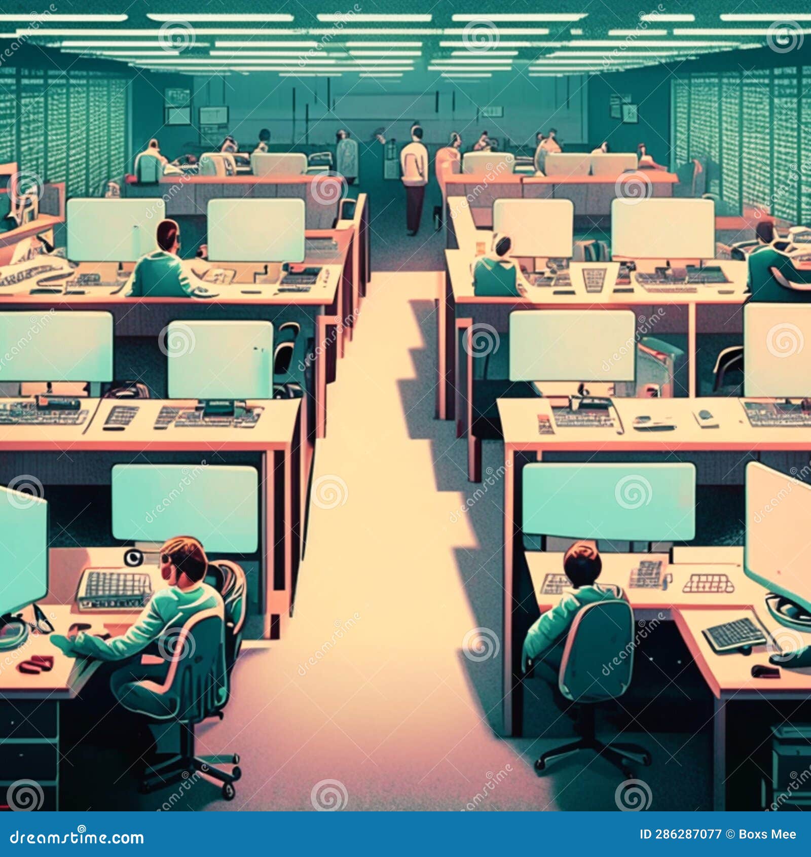 Computer Room with Computers and People. 3d Rendering, 3d Illustration ...