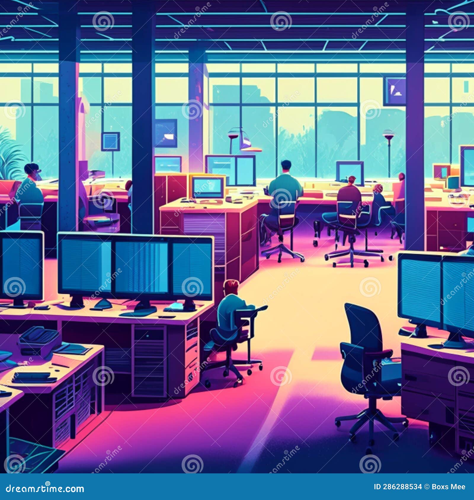 Computer Room with Computers and People Silhouettes. 3d Render ...