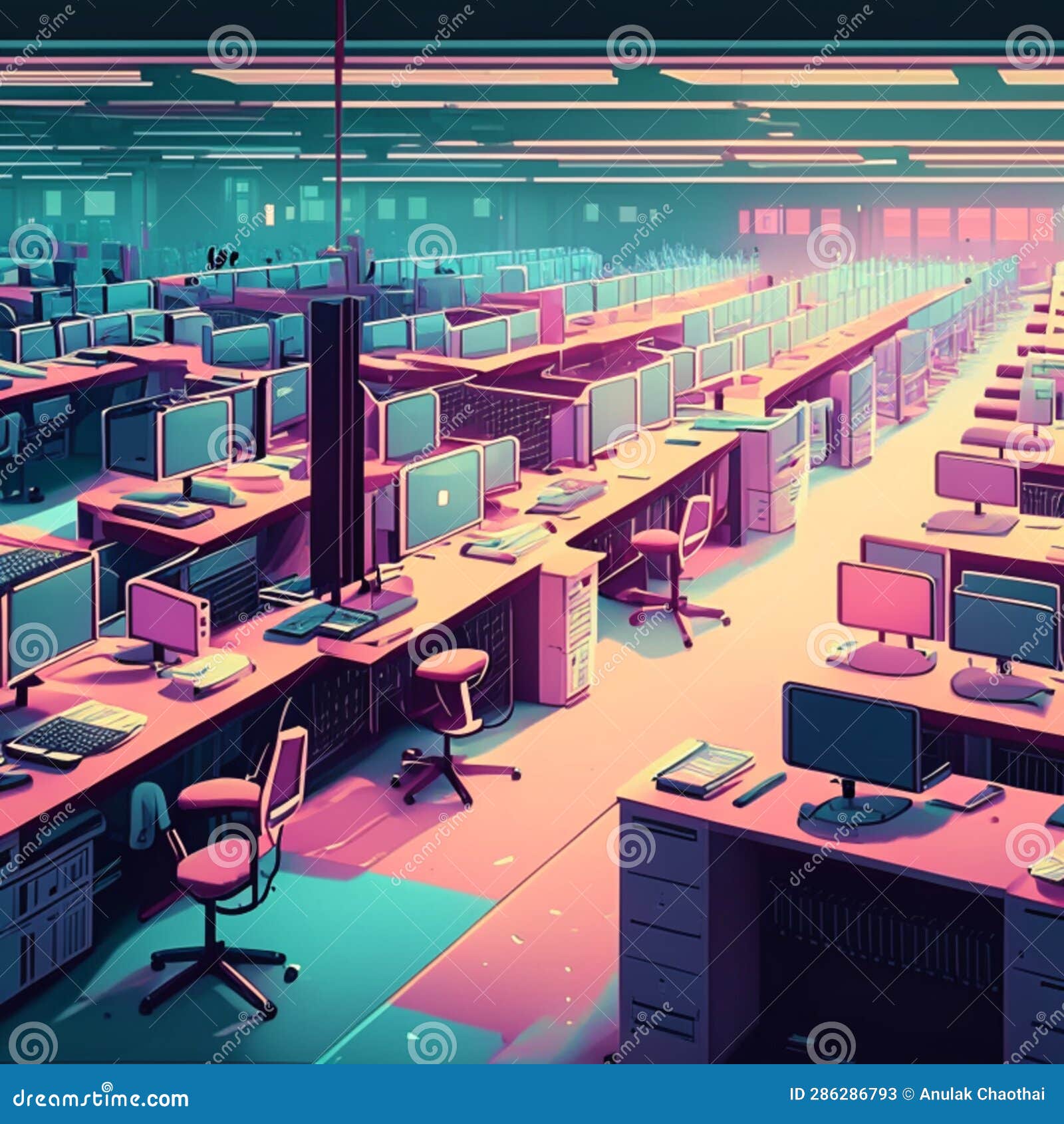 Computer Room with Computers and Tables. 3d Illustration Stock ...