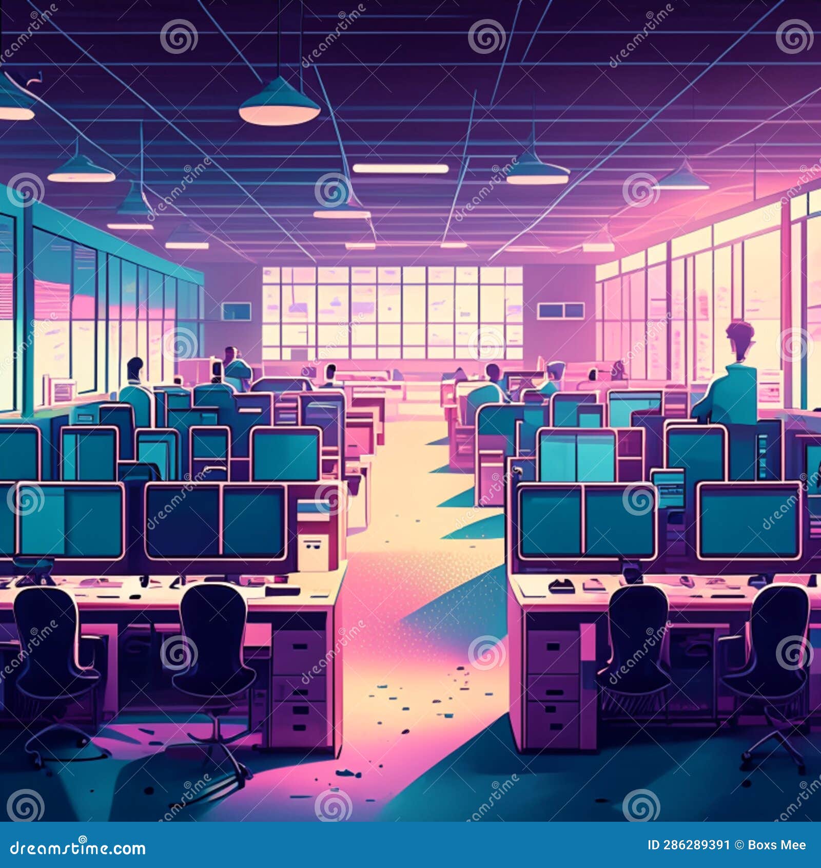 Computer Room Interior with People Silhouettes. 3d Rendering, 3d ...