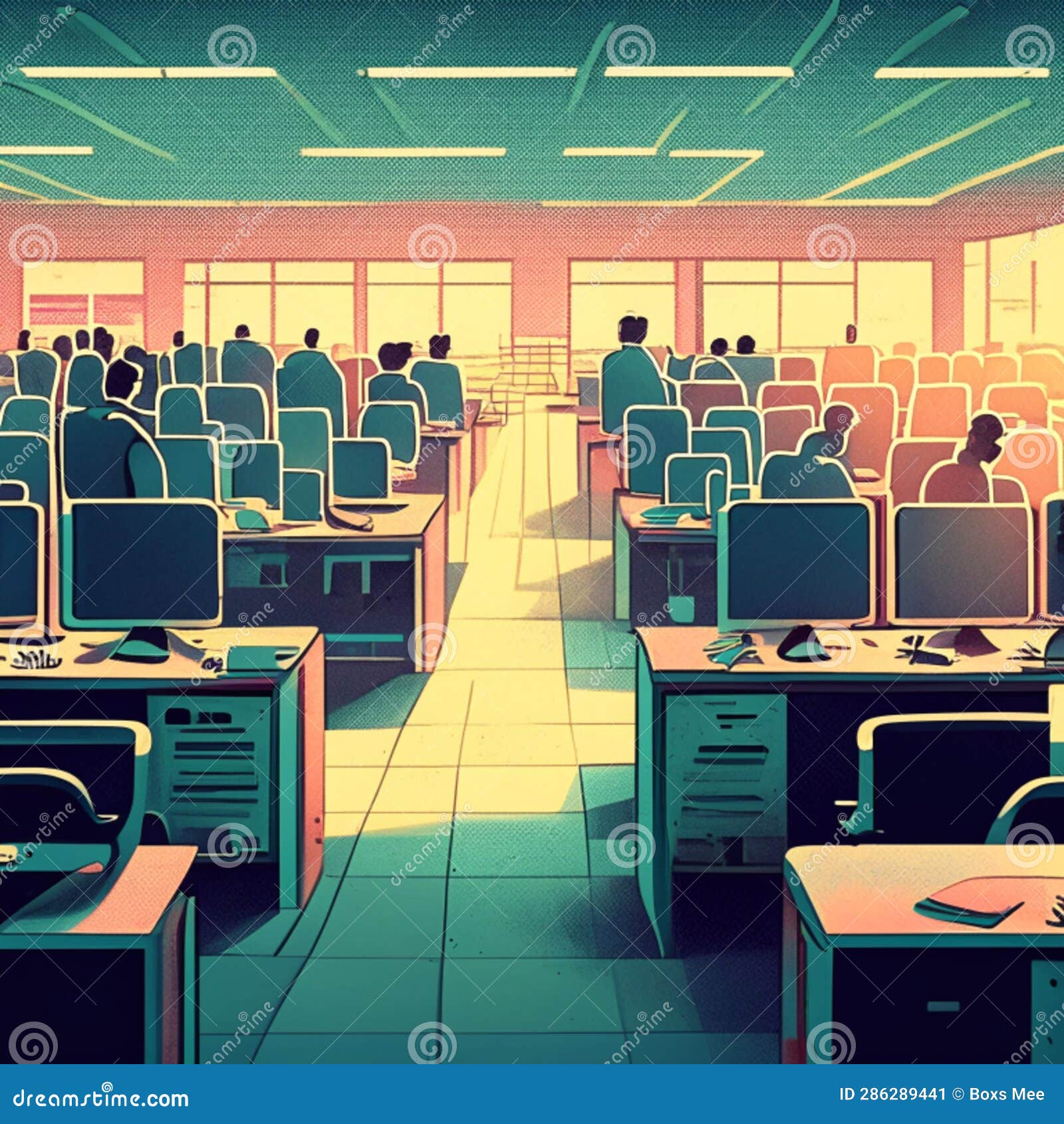 Computer Room Interior with People Sitting at Desks and Computers. 3d ...