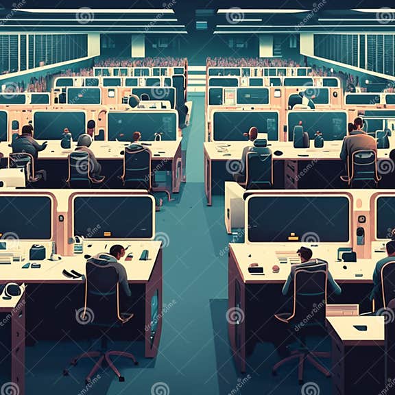 Computer Room Interior with Rows of Computers, 3d Rendering, 3d ...