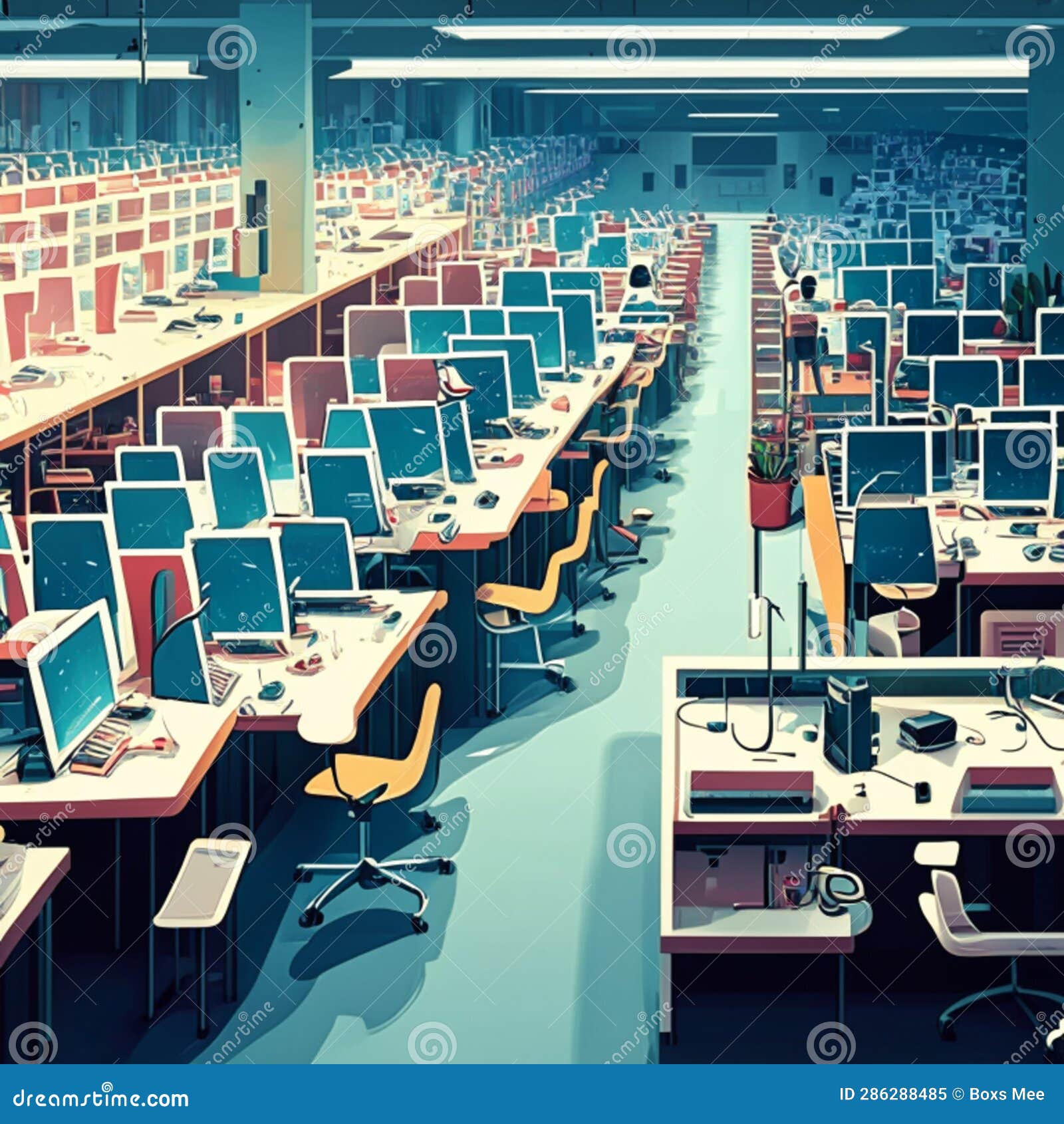 Computer Room Interior with Rows of Empty Computers and Chairs, 3d ...