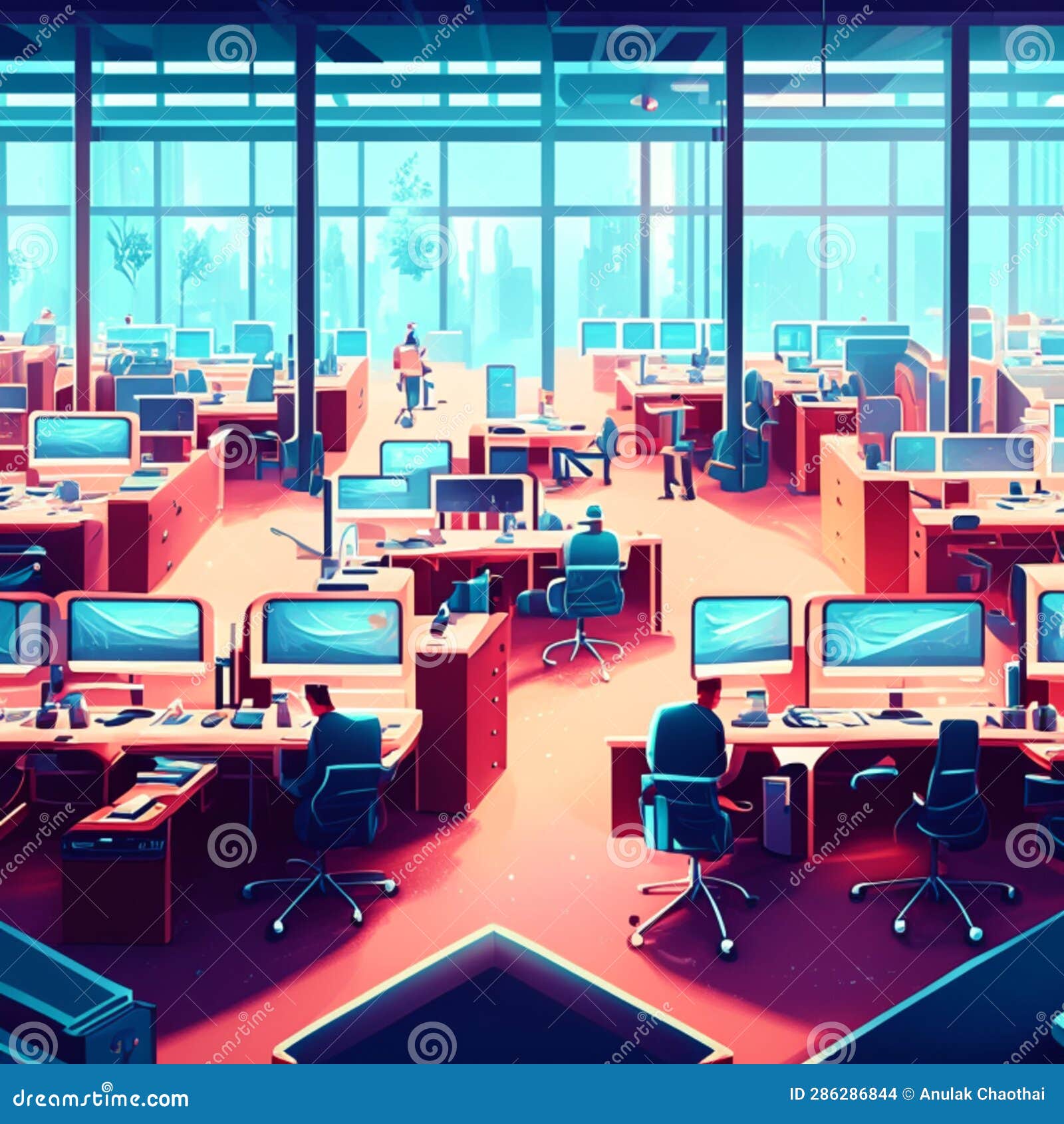 Computer Room with Large Windows. 3d Rendering, 3d Illustration Stock ...