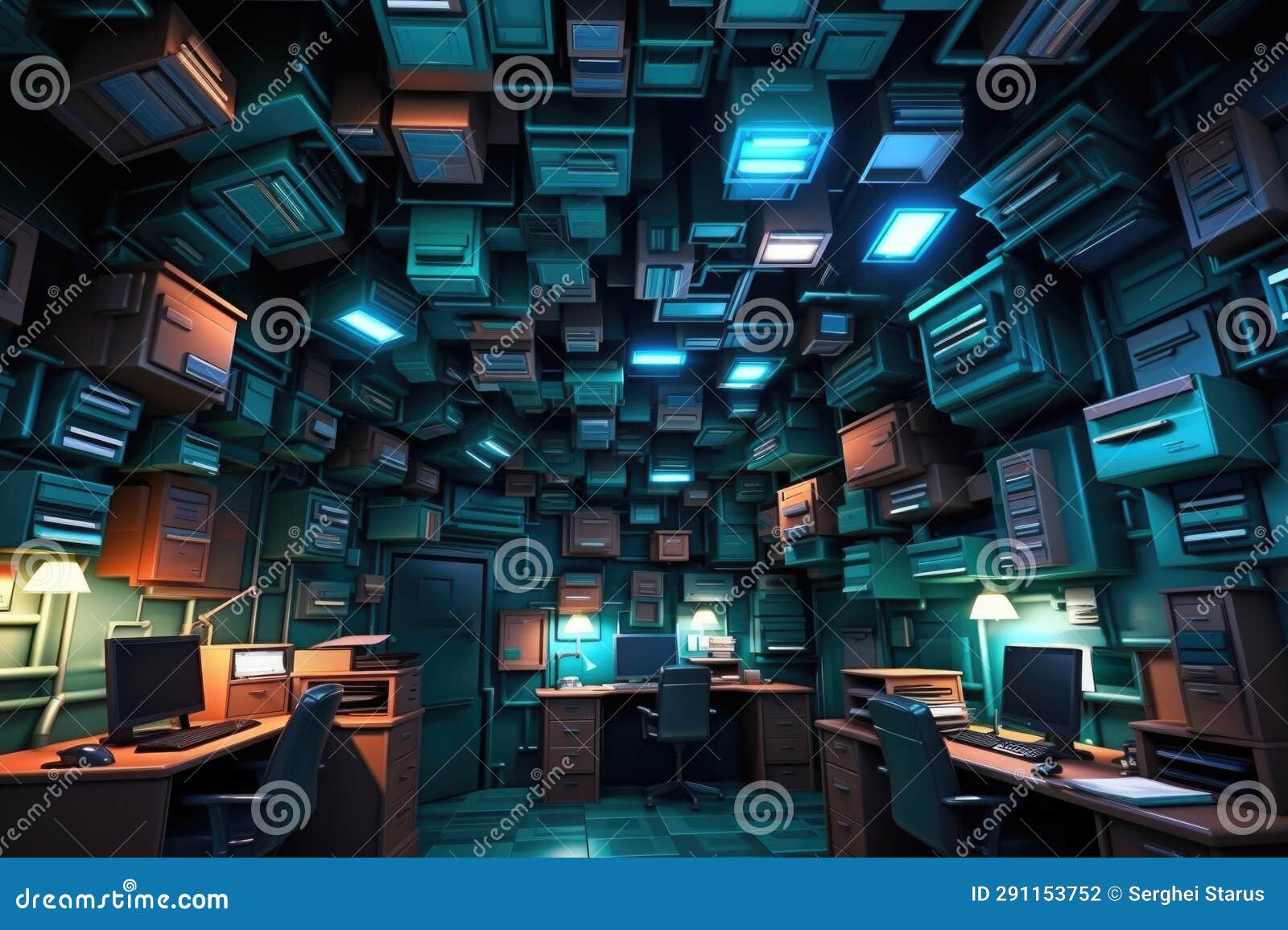 A Computer Room with Lots of Boxes and Computers, AI Stock Illustration ...