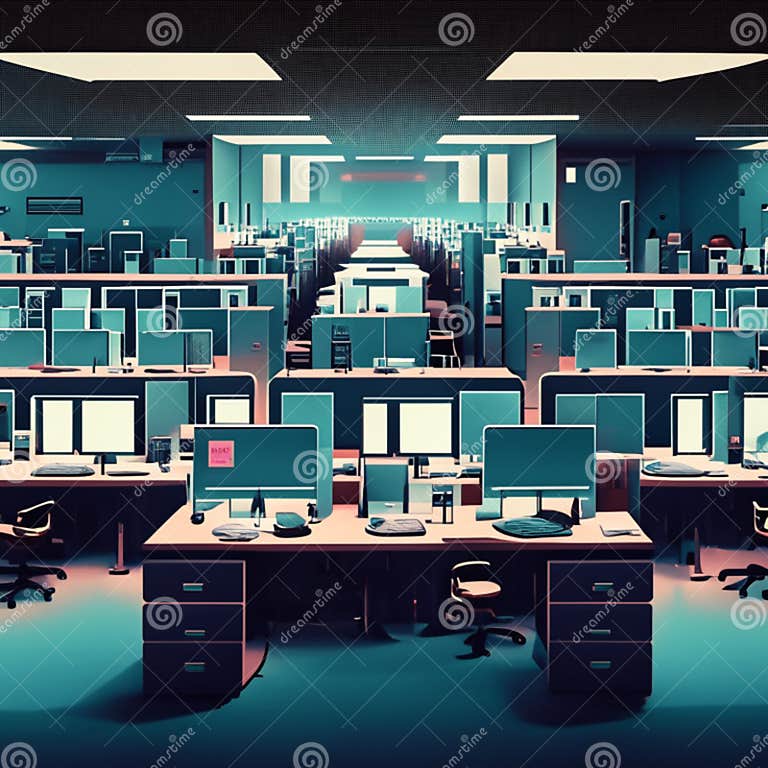 Computer Room in Modern Office 3D Rendering Illustration. Workplace ...