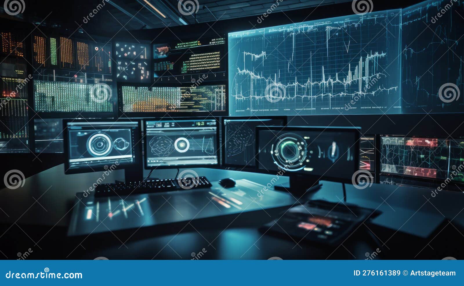 A Computer Room with Multiple Monitors and a Display of Data. AI Stock ...