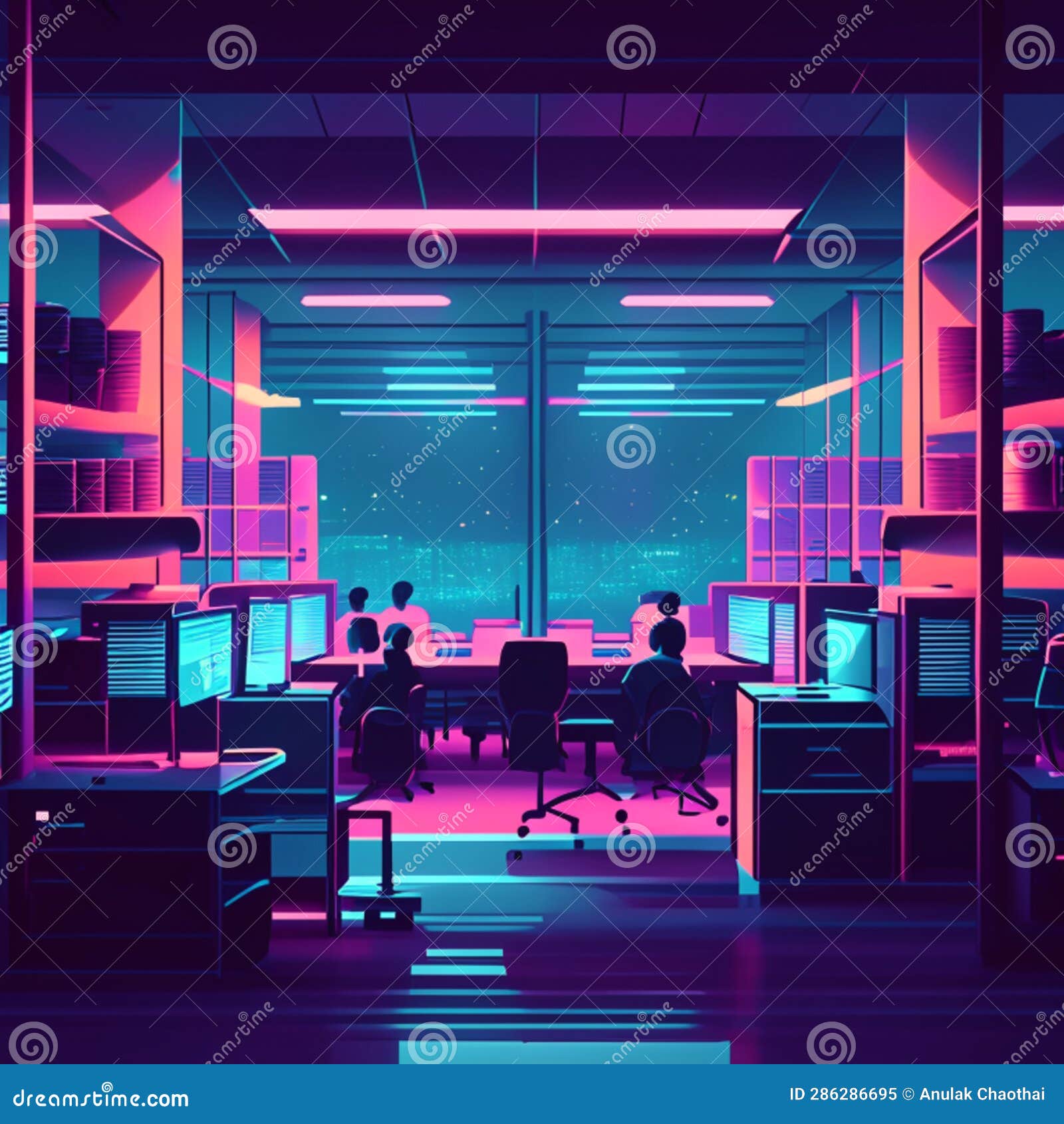Computer Room with Neon Lights. 3d Rendering, 3d Illustration Stock ...