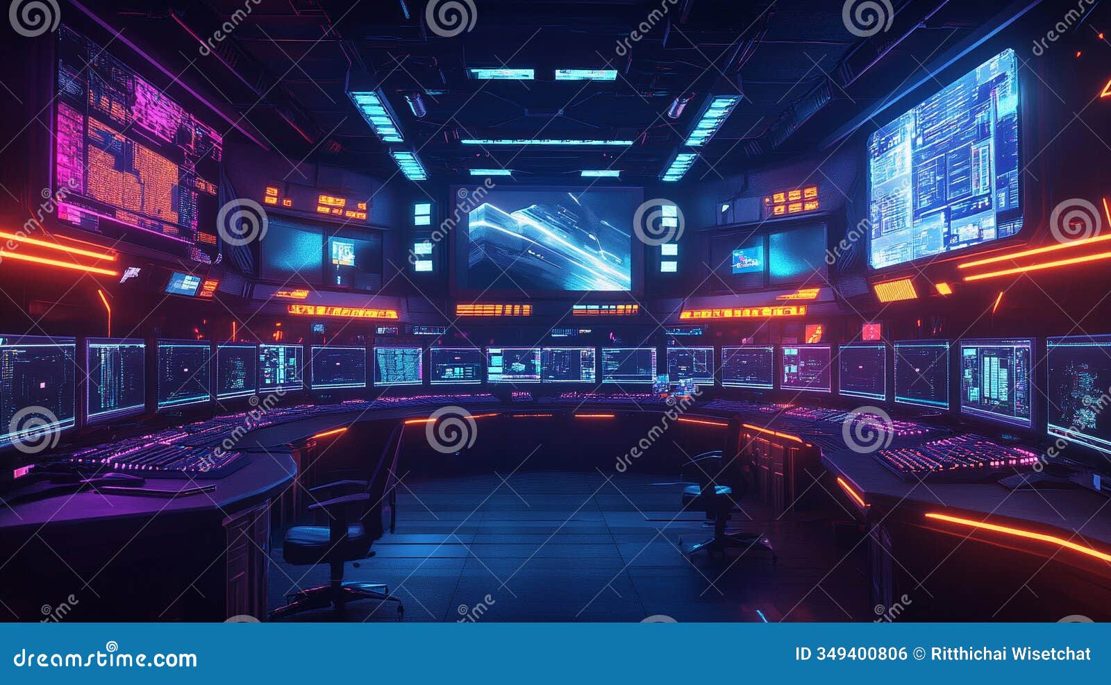 A Computer Room with Neon Lights and a Large Screen Stock Photo - Image ...