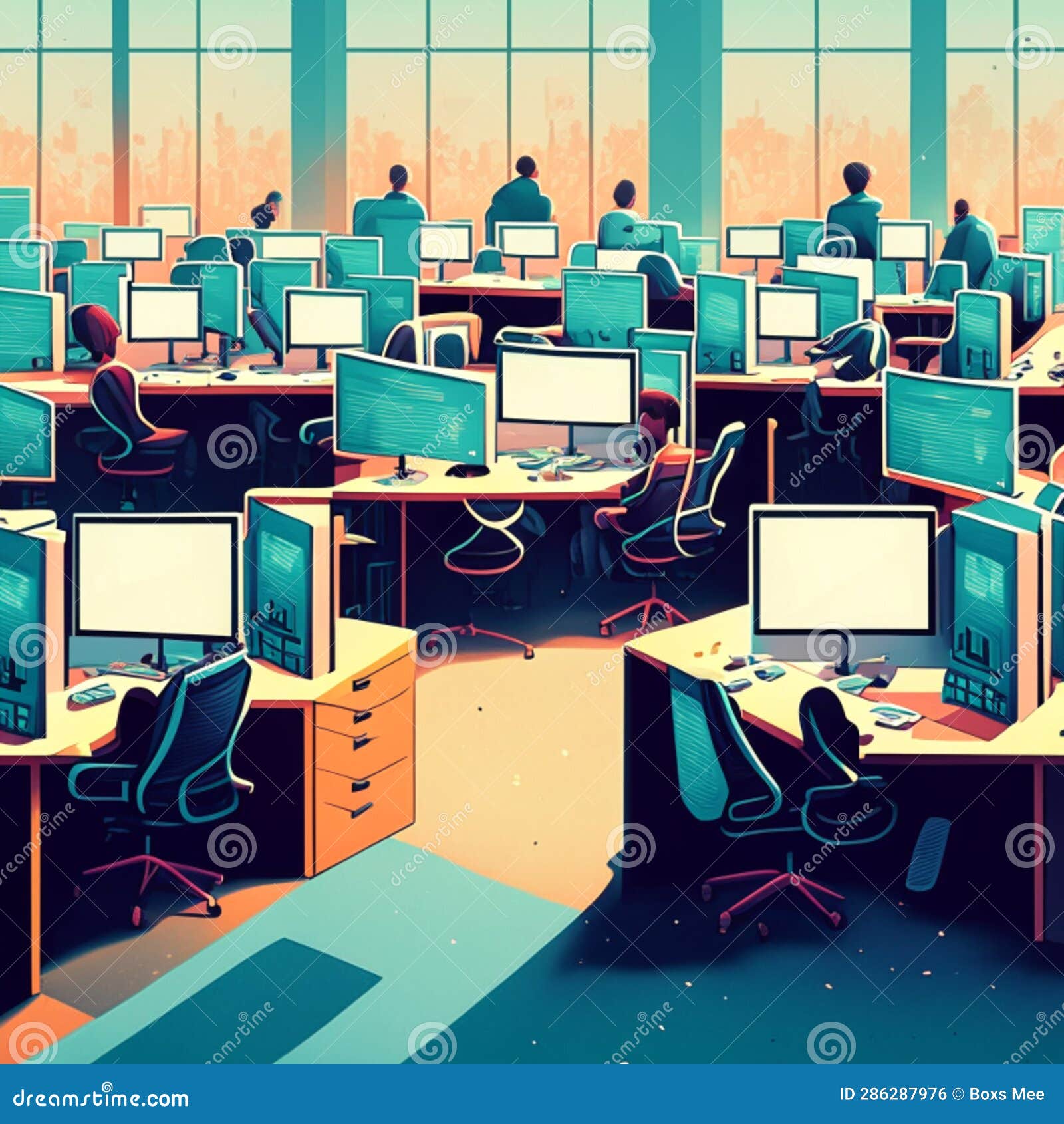 Computer Room with People Silhouettes. 3d Rendering, 3d Illustration ...