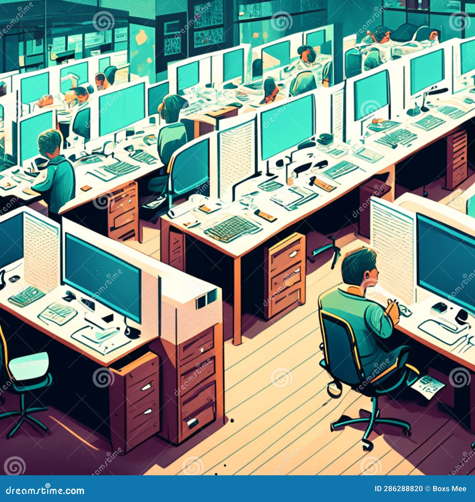 Computer Room with People Working on Computers, 3d Illustration ...