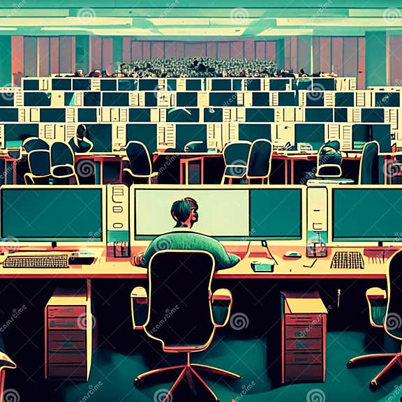 Computer Room with Rows of Computer Desks and Chairs. 3d Rendering Generative AI Stock ...